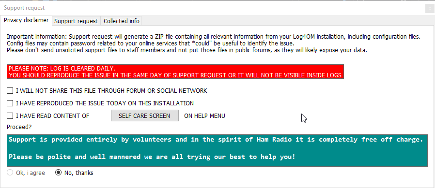 Generating a support request – Log4OM 2 Generating a support request – Log4OM 2